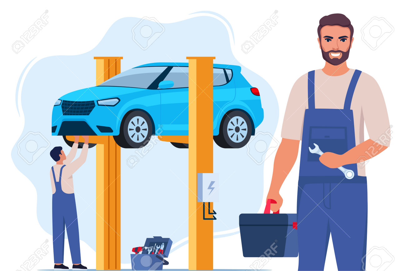 Car Repair. Auto Mechanic Near The Car Lifted On Autolifts. Vector Illustration Of A Flat Design SVG Image 209322462