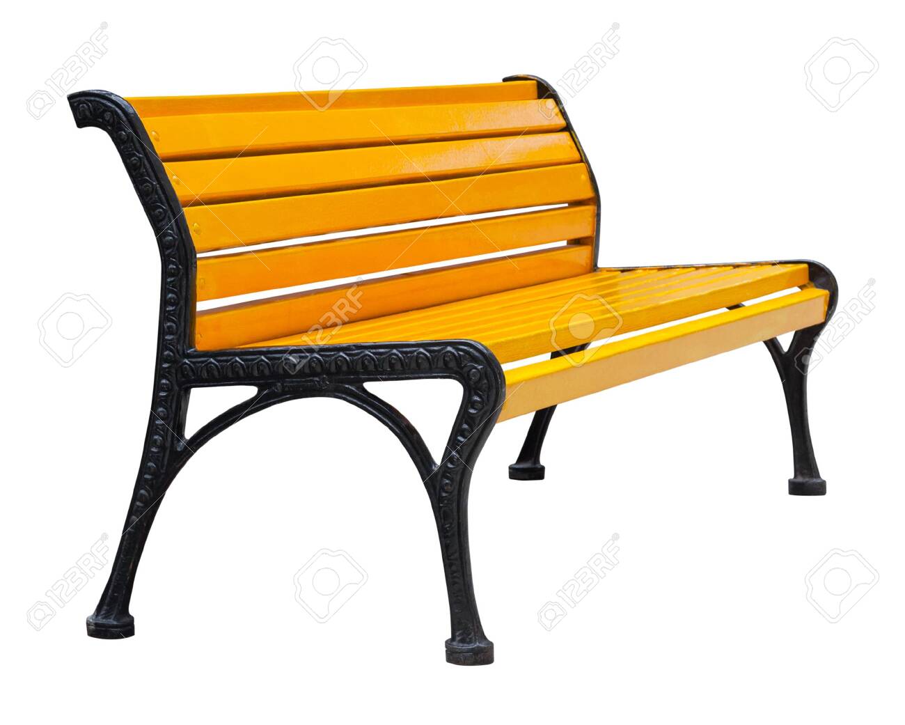 Side View On A Colorful Wooden Bench Painted Orange With Black Metal Legs Isolated On A White Background design Element Stock Photo Picture and Royalty Free Image. Image 121345580