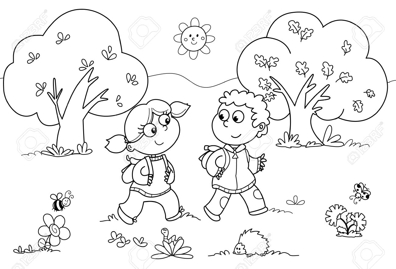 coloring pages boys walking in woods