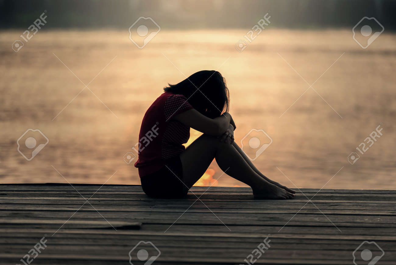 Woman, Pier, Water, Think, Pensive, Sad, Sun, Reflection, Sunset, Wood ...