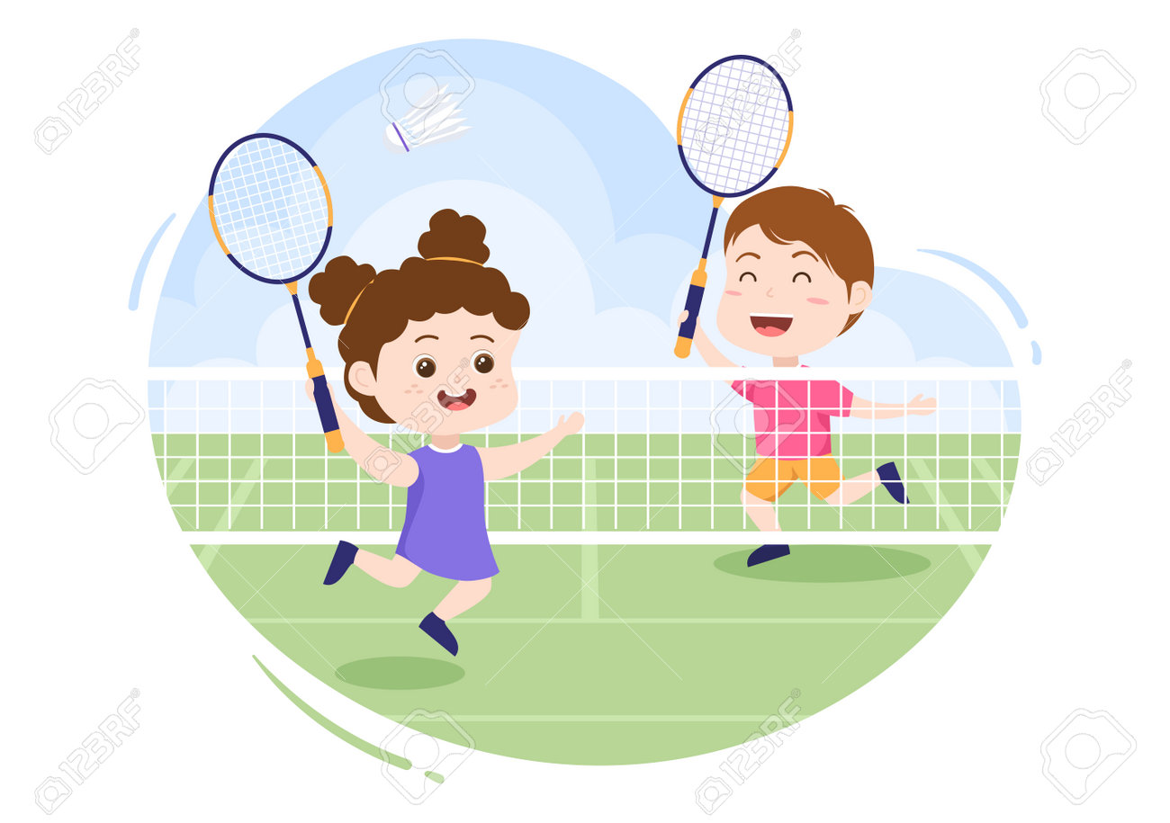 Badminton Player With Shuttle On Court In Flat Style Cartoon Illustration. Happy Playing Sport Game And Leisure Design Royalty Free SVG Cliparts Vectors and Stock Illustration. Image 185632693