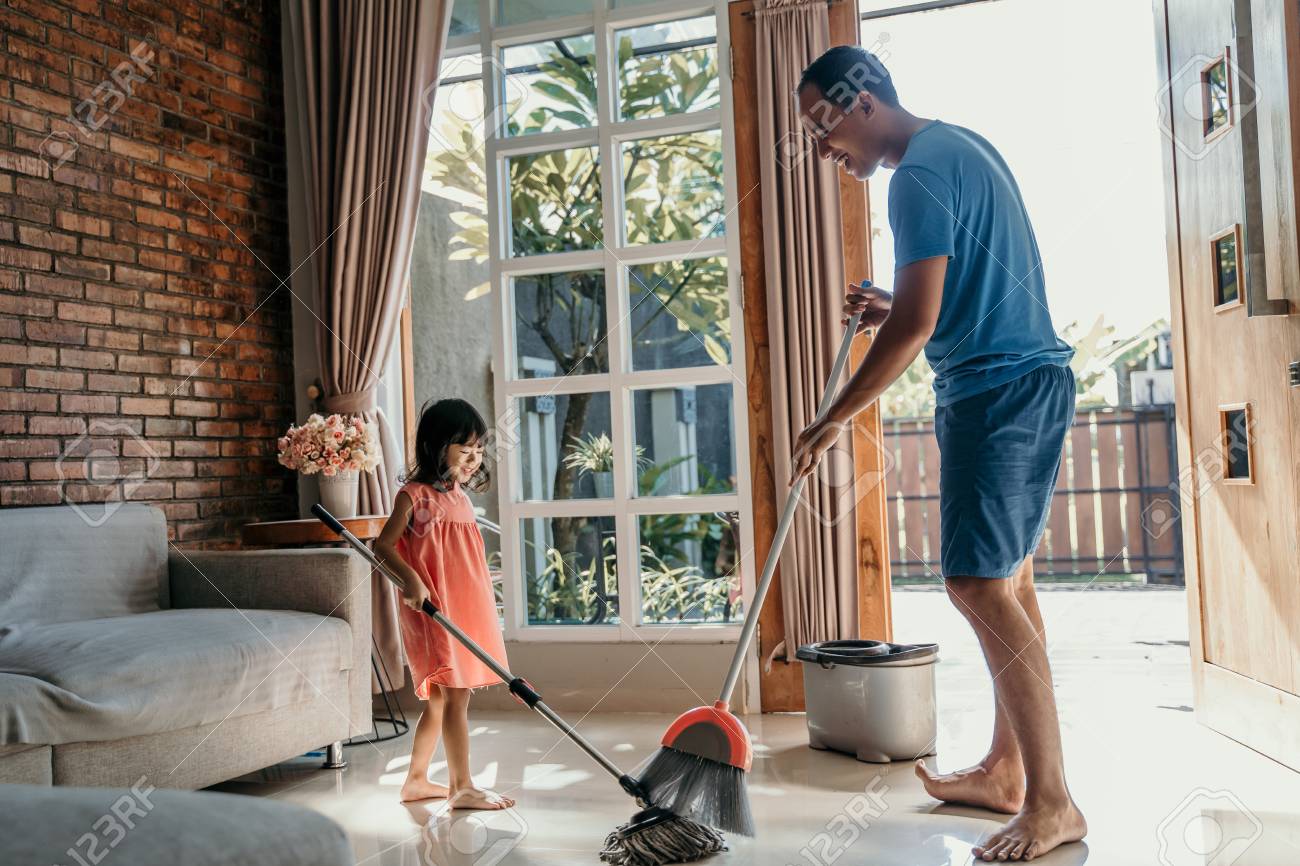Father And Daughter Clean Up The House Stock Photo Picture and Royalty Free Image. Image 120792696
