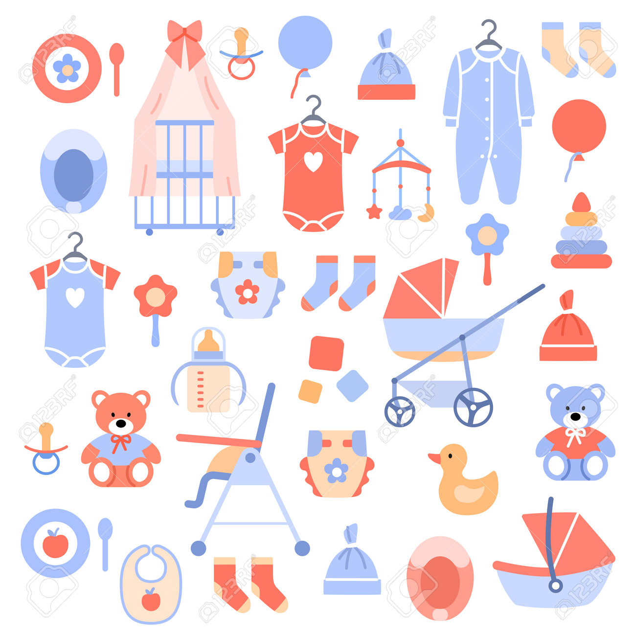 Newborn Baby Accessories Icons Set On White Background. Stylish Kids Objects For Baby Shower Card Banner Flyer Design. Cute Infant Supplies. Color Crib Diaper Clothes Duck Stroller Vector Illustration...