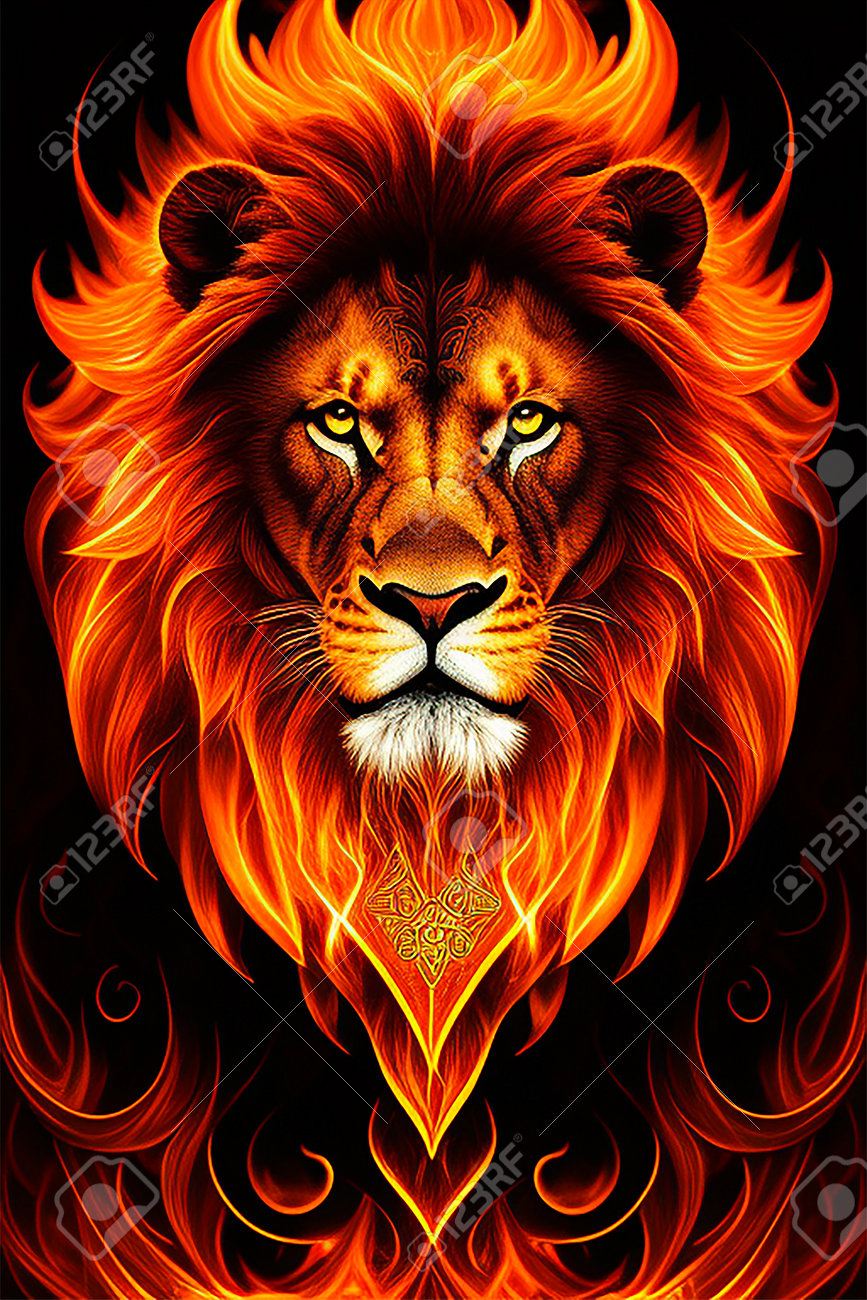Lion Head With Fire Flames. Tattoo Art Design. Vector Illustration ...