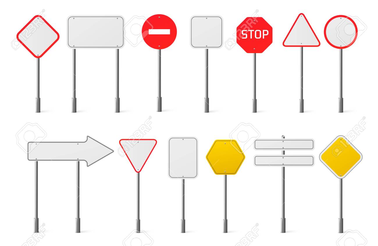 Road Signs Collection. Vector Realistic Set Of Blank Traffic Sign Boards Different Shapes For Attention Alert Speed Limit And Direction Notice Isolated On White Background SVG