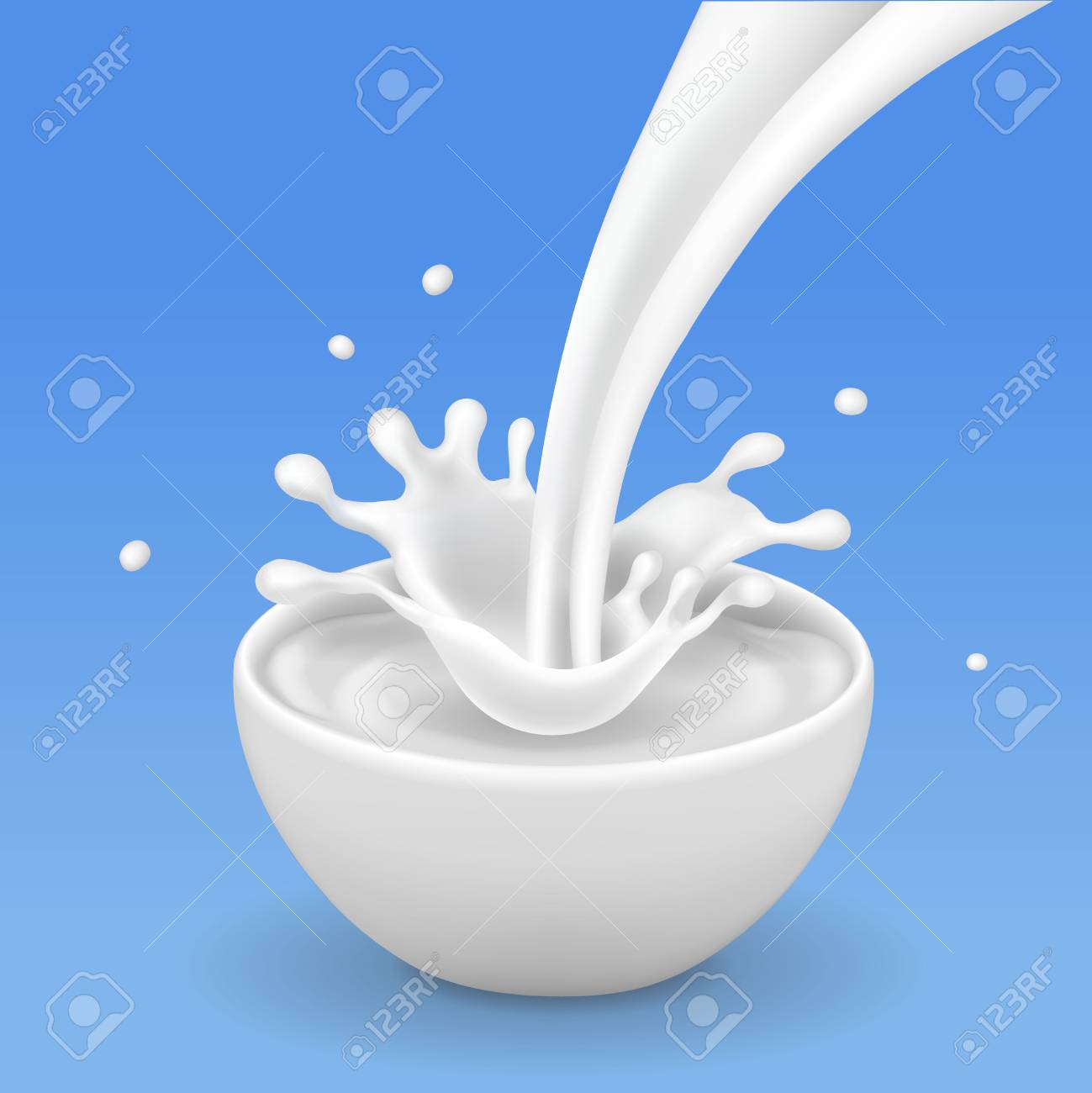 Milk Flowing With Splash In White Bowl Natural Dairy Products Realistic Illustration Royalty Free SVG Cliparts Vectors and Stock Illustration. Image 89111383