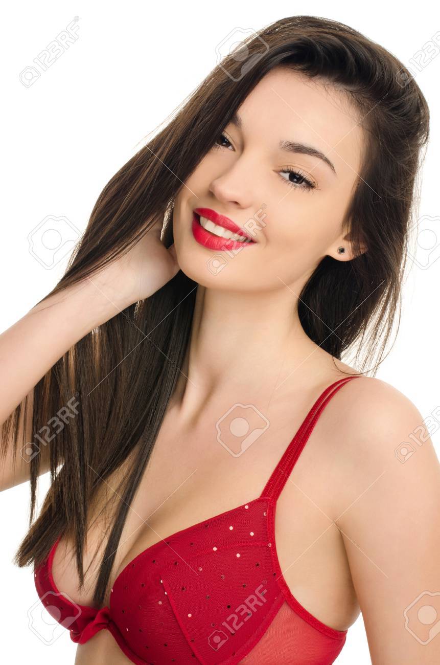 Reizvolle Frau Im Roten BH Lachelnd. Attraktive Madchen Mit Einem Sexy Dekollete. Isoliert Auf WeiB. Lizenzfreie Fotos Bilder und Stock Fotografie. Image 39431120