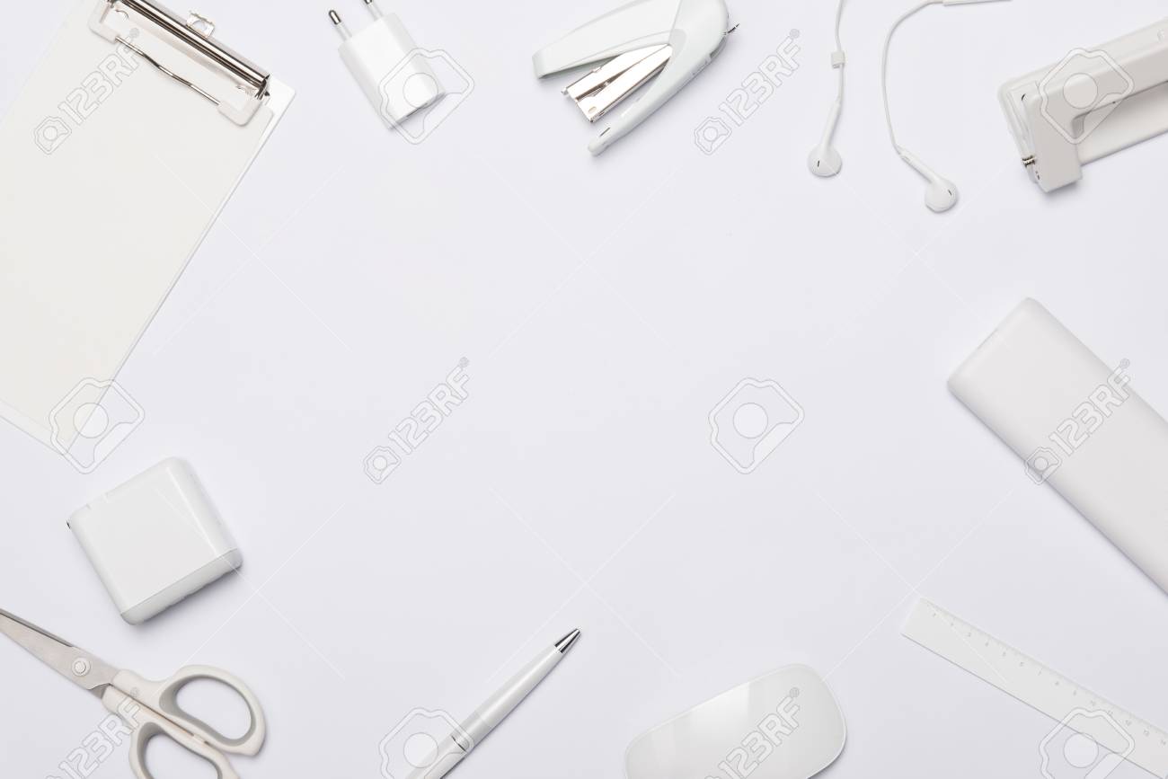 Office Supplies Composition On White Background. Flat Lay Top View. Image 89954411