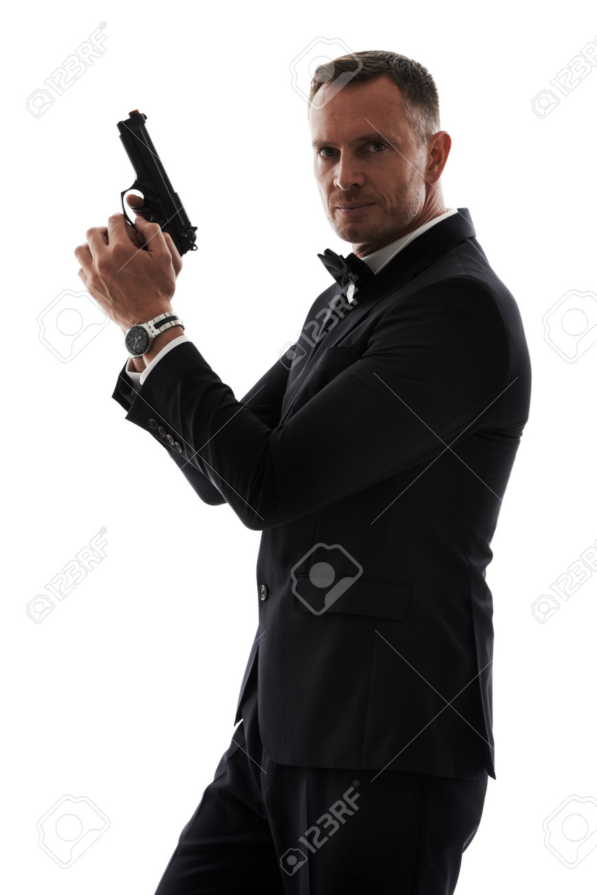 Secret Agent Man With Gun Isolated On A White Background For Law ...
