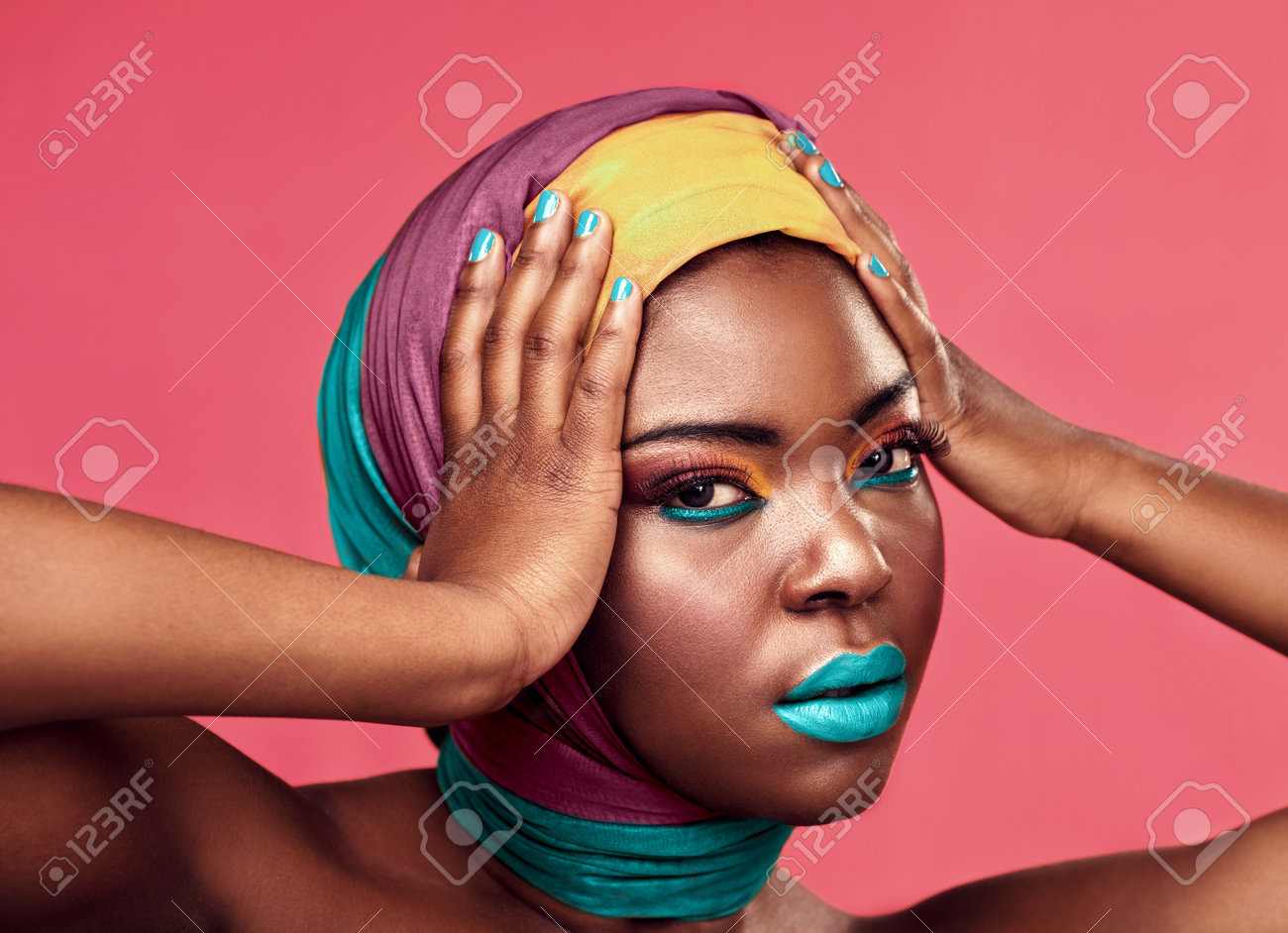 Makeup Beauty And Scarf With Portrait Of Black Woman In Studio For Creative Art And Culture Fashion Cosmetics And Natural With Face Of Model Isolated On Pink Background For African And Color