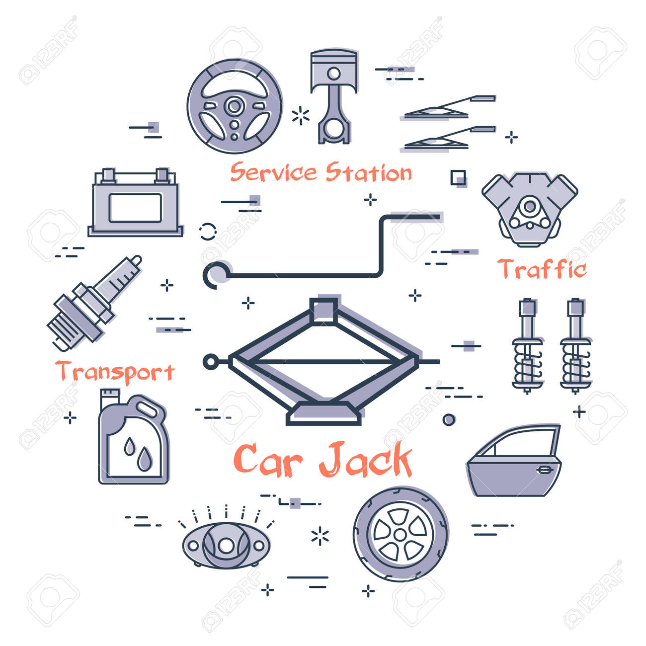 Vector Linear Round Modern Concept Of Auto Part With Outline Car Jack Icon In Center On White Background. Various Components And Parts Of Car Vehicle At This Web Banner Royalty Free SVG