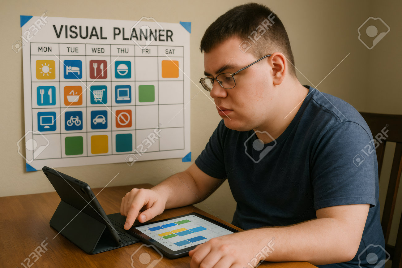 Young Man With Autism Spectrum Disorder Using Visual Planner And Tablet ...