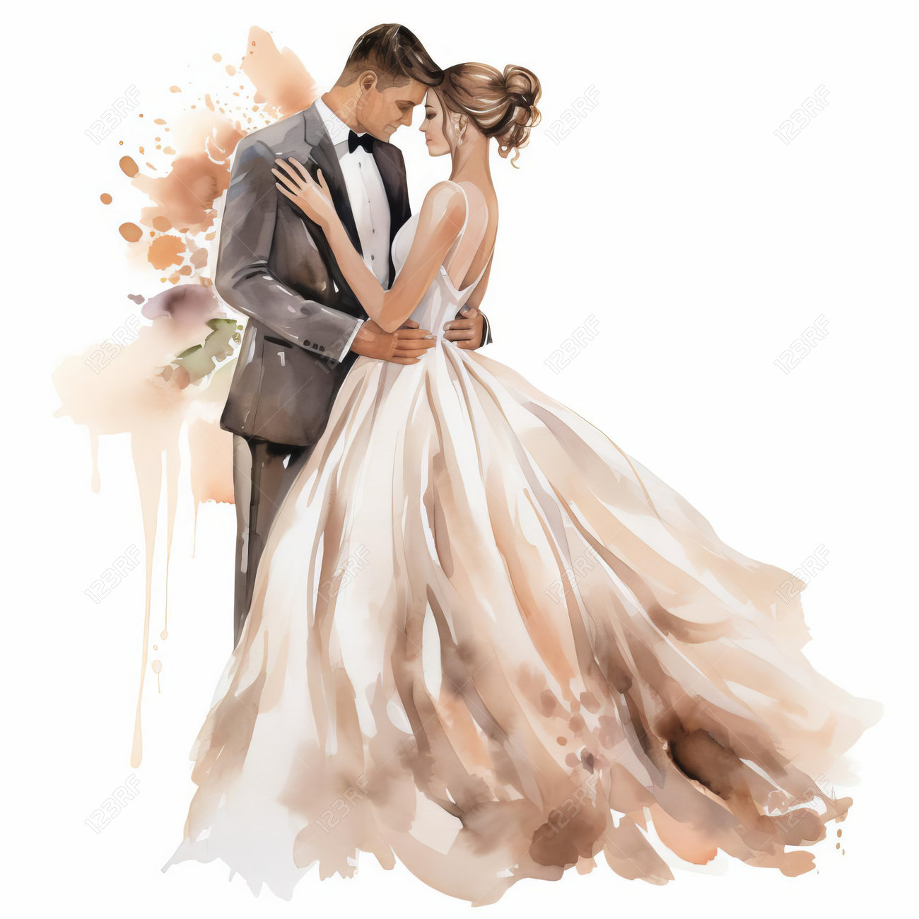 The Bride, Adorned In A Stunning Light Taupe Bridal Gown, Stands ...