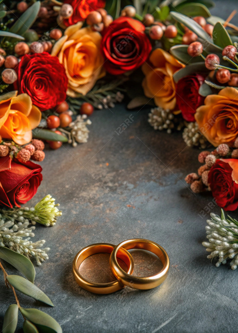Wedding Rings And Flowers On Stone Background With Copy Space Lizenzfreie Fotos Bilder und Stock Fotografie. Image 239779843