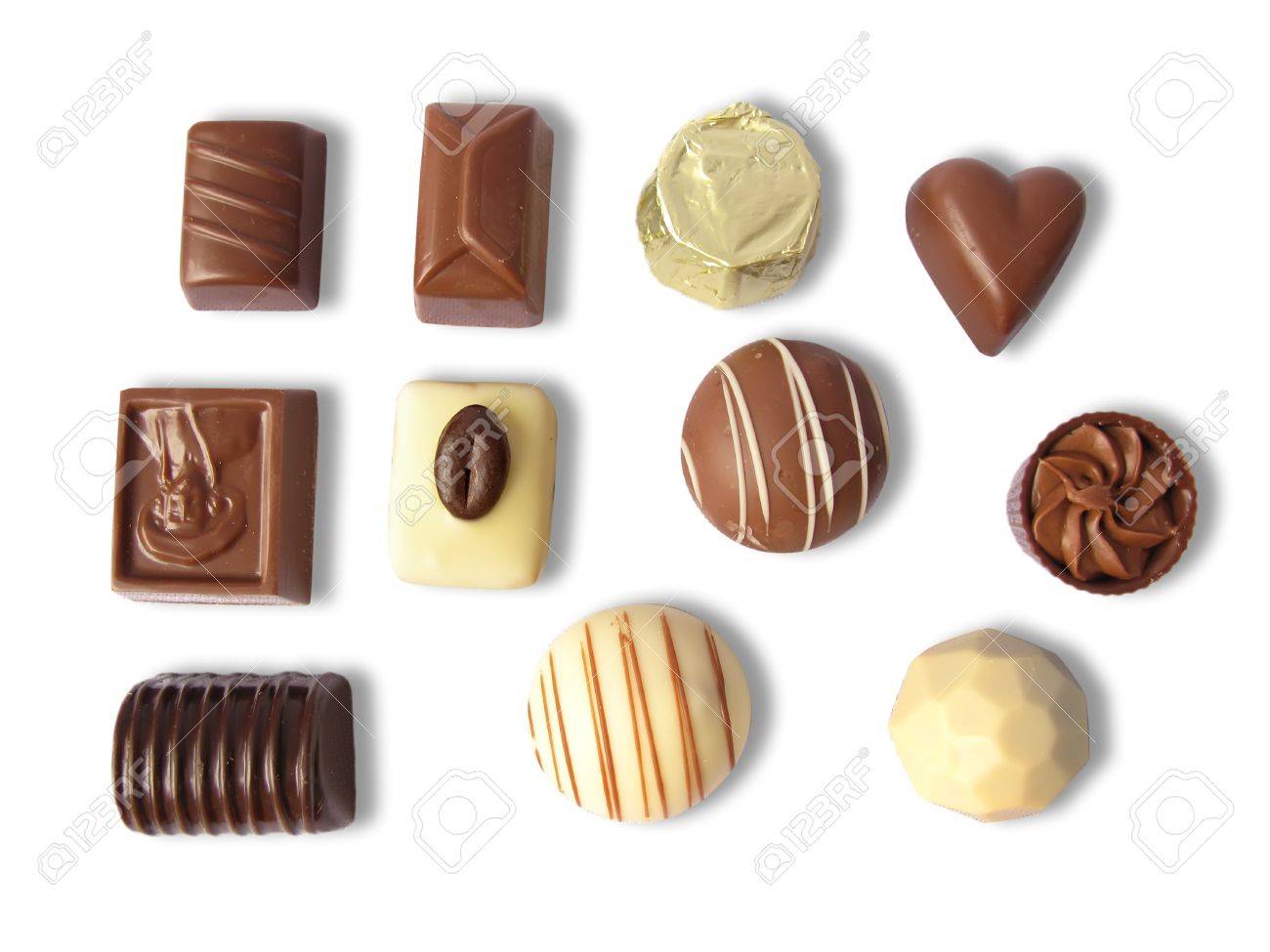 Differents Chocolats En Differentes Formes Isolees En Blanc Banque D Images et Photos Libres De Droits. Image 10634371