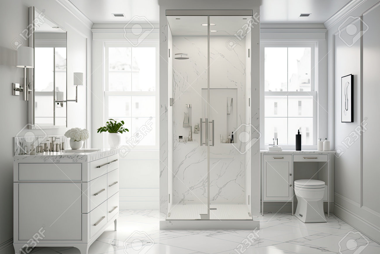 Side View Of A Modern All White Bathroom With A Glass Enclosed Shower Vanity And Mirror. A Sterile Tiled Modern Bathroom With No Occupants Is Pictured Here