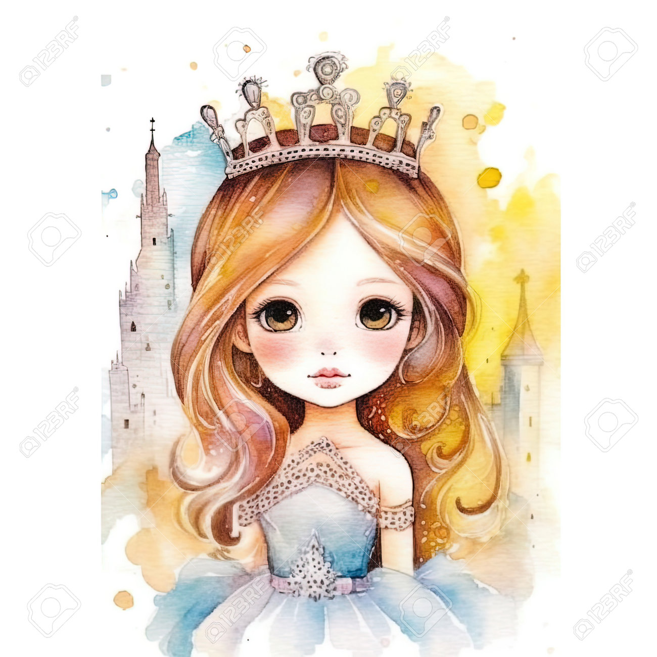 Cute Little Princess Girl With A Crown. Watercolor Illustration. Stock ...