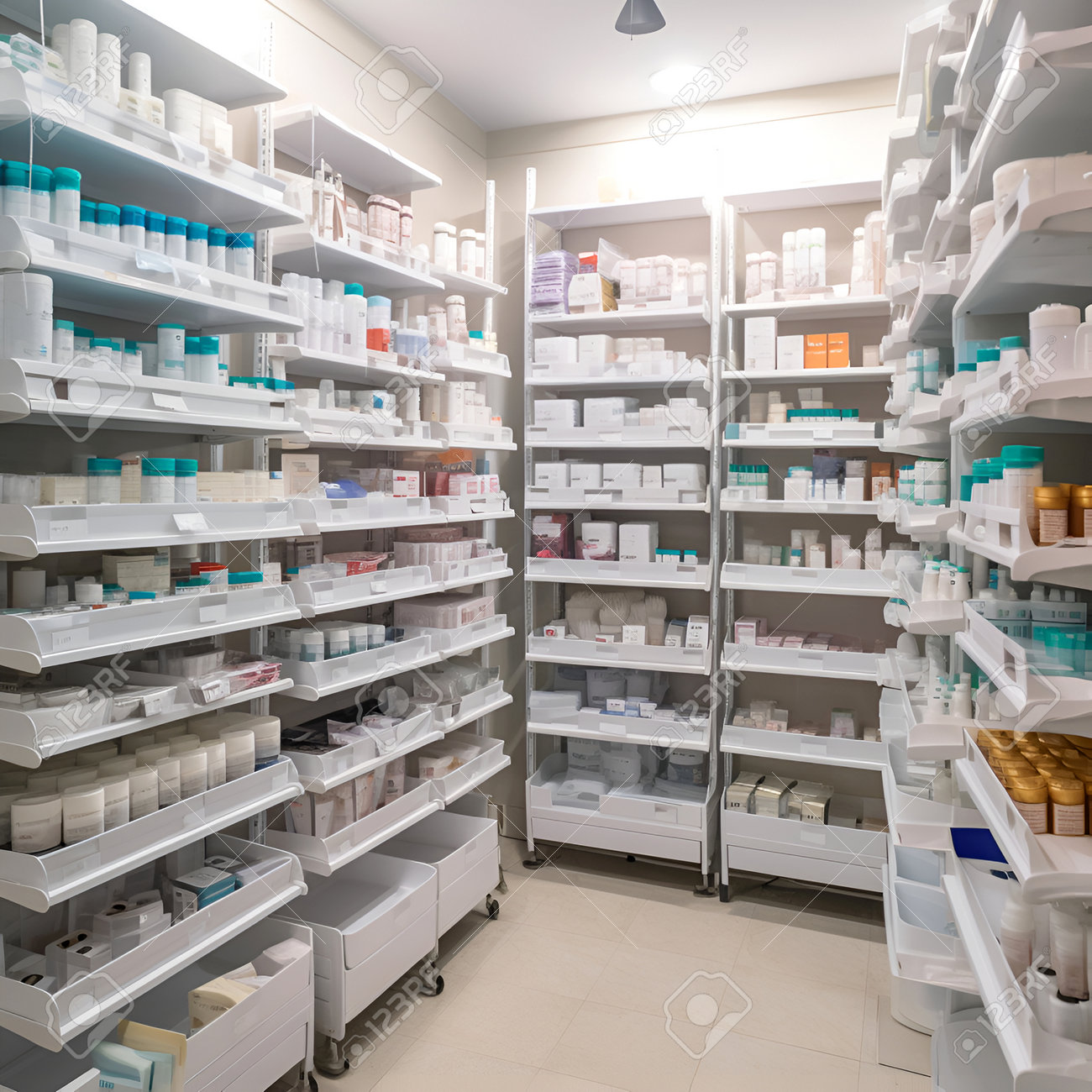 Pharmacy Interior. Modern Pharmacy Drugstore With Shelves Full Of Packages With Medicine Pill Drugs Boxes With Vitamins And Supplements Health Care And Beauty Products. Image