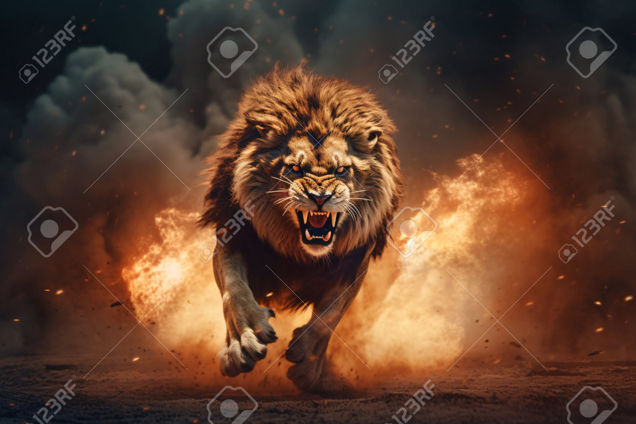 An Angry Lion With An Open Mouth. Expression Of Anger. Portrait Of A Big Male Lion With Open Mouth On A Dark Background. Generative AI Technology