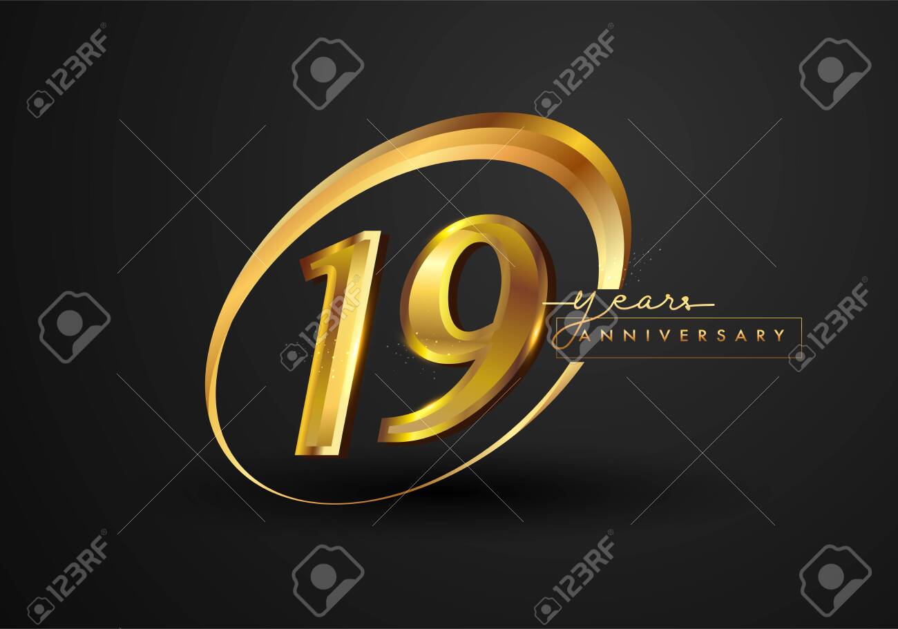 19 Years Anniversary Celebration. Anniversary Logo With Ring And Elegance Golden Color Isolated On Black Background Vector Design For Celebration Invitation Card And Greeting Card SVG