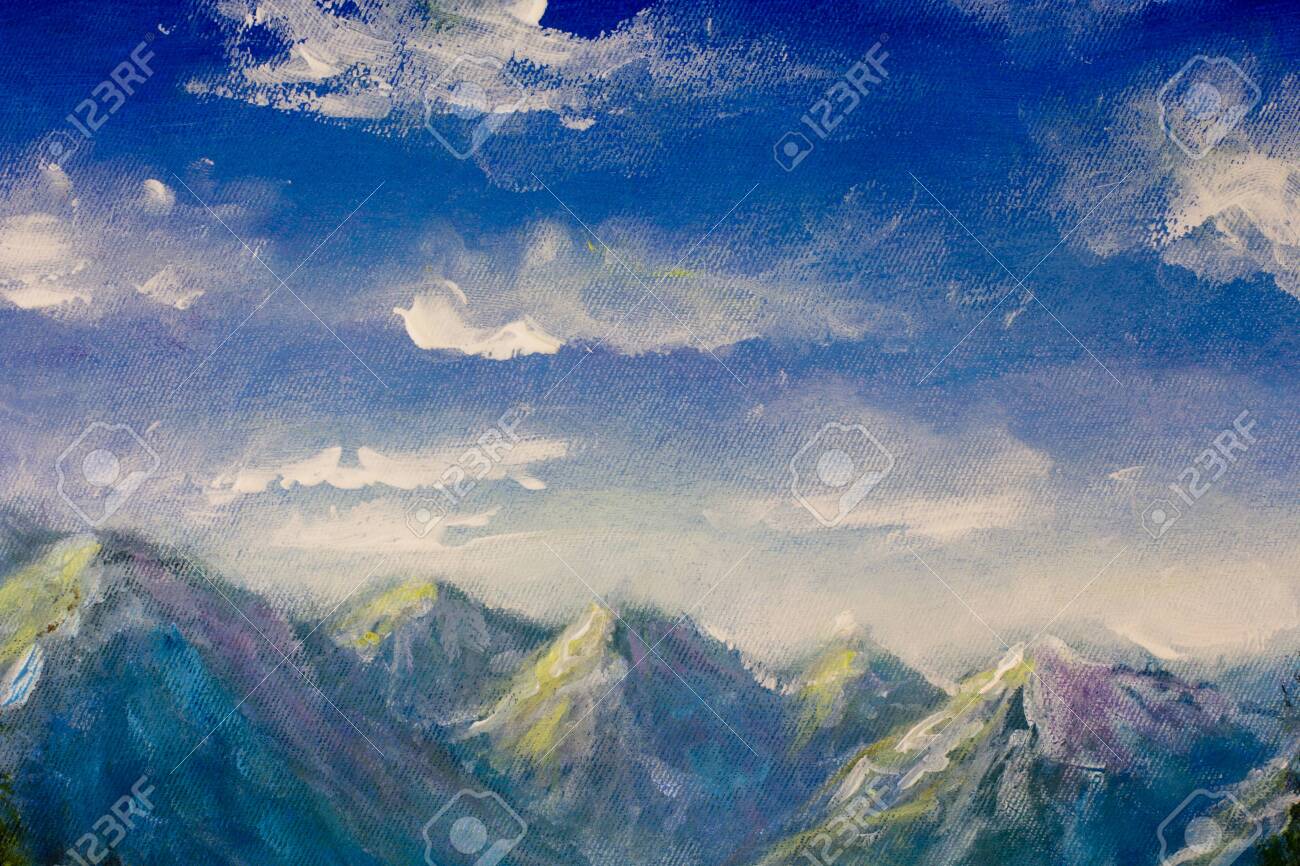 Oil Painting. Blue Sky Over The Mountains Beautiful Mountain Landscape. Art Print For Wall Decor. Acrylic Artwork. Big Size Poster. Watercolor Drawing. Modern Style Fine Art